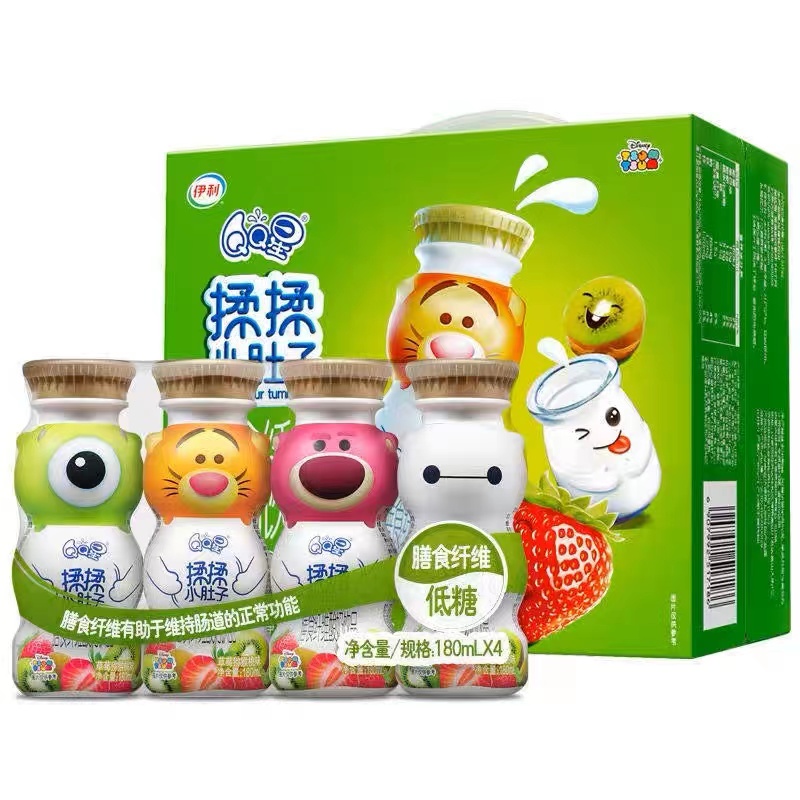 伊利QQ星小肚膳食纤维酸奶饮品草莓猕猴桃味180ml*16瓶