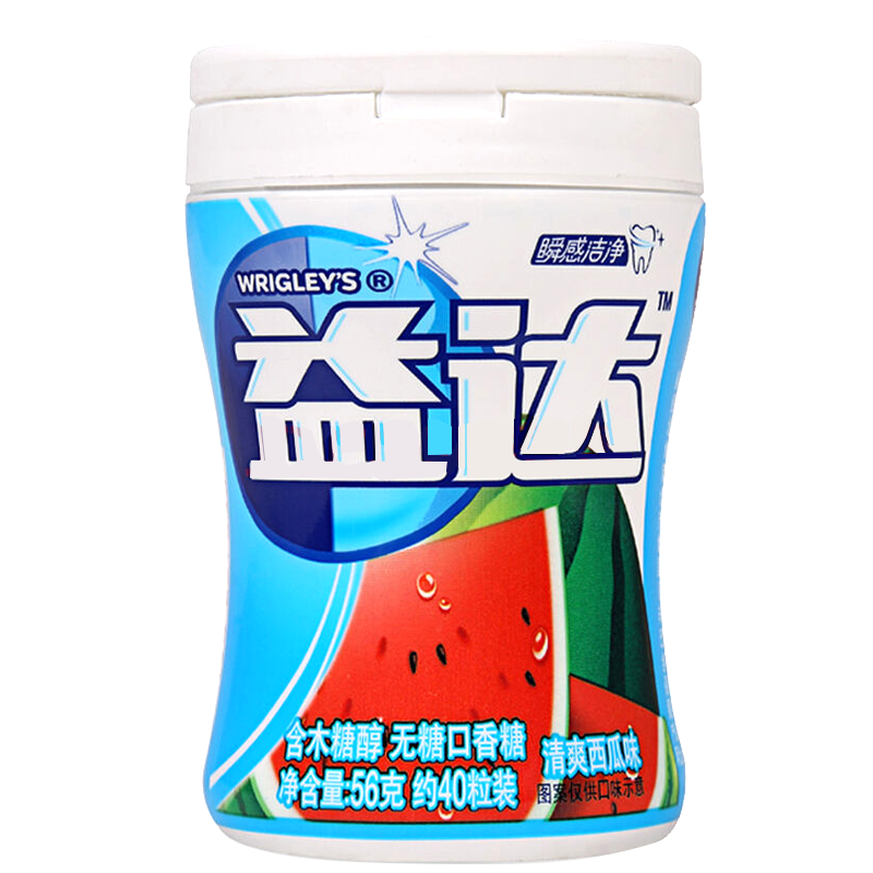 益达木糖醇无糖口香糖56g单瓶约40粒西瓜薄荷清爽西瓜味
