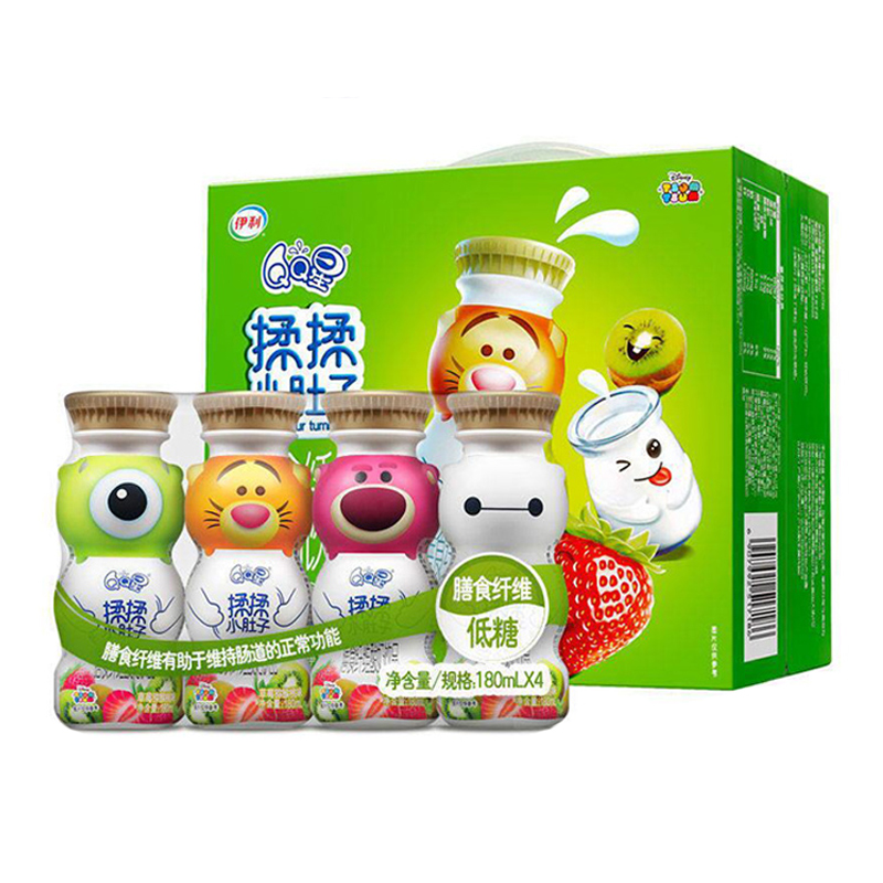 伊利QQ星揉揉小肚子膳食纤维酸奶饮品草莓猕猴桃味 1*180ml*16瓶整箱