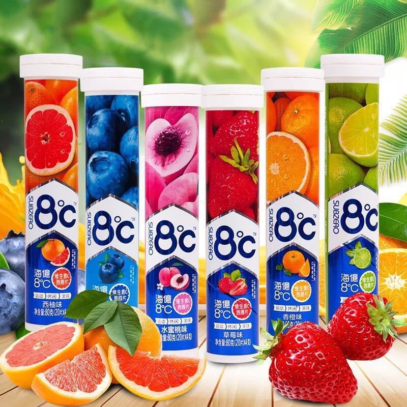 【满200元包邮】WHJK海亿8度泡腾片80g 8℃泡腾维生素c水果味vc压片糖固体饮料