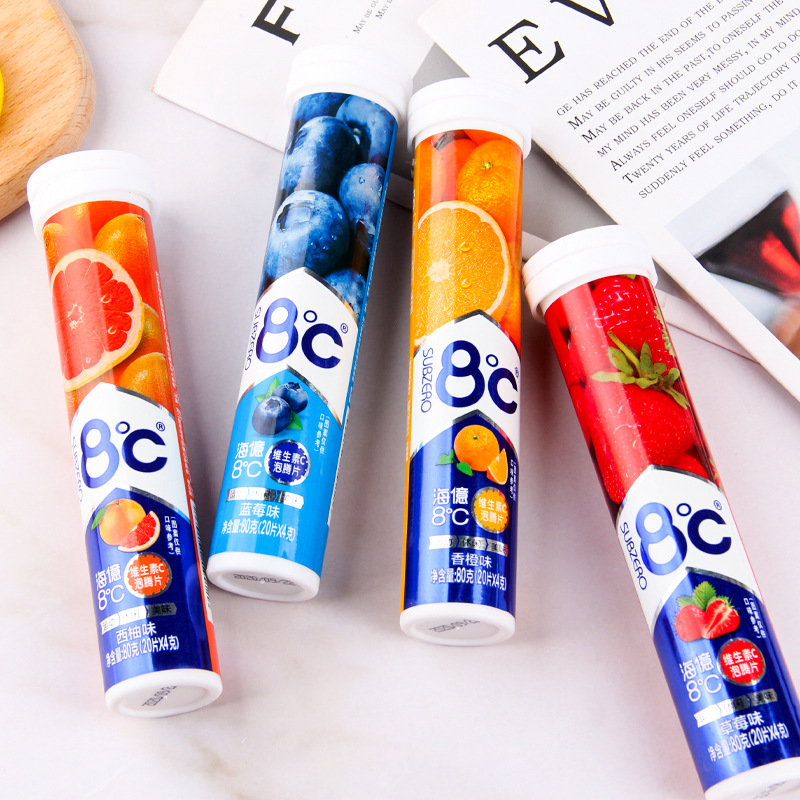 【满200元包邮】WHJK海亿8度泡腾片80g 8℃泡腾维生素c水果味vc压片糖固体饮料