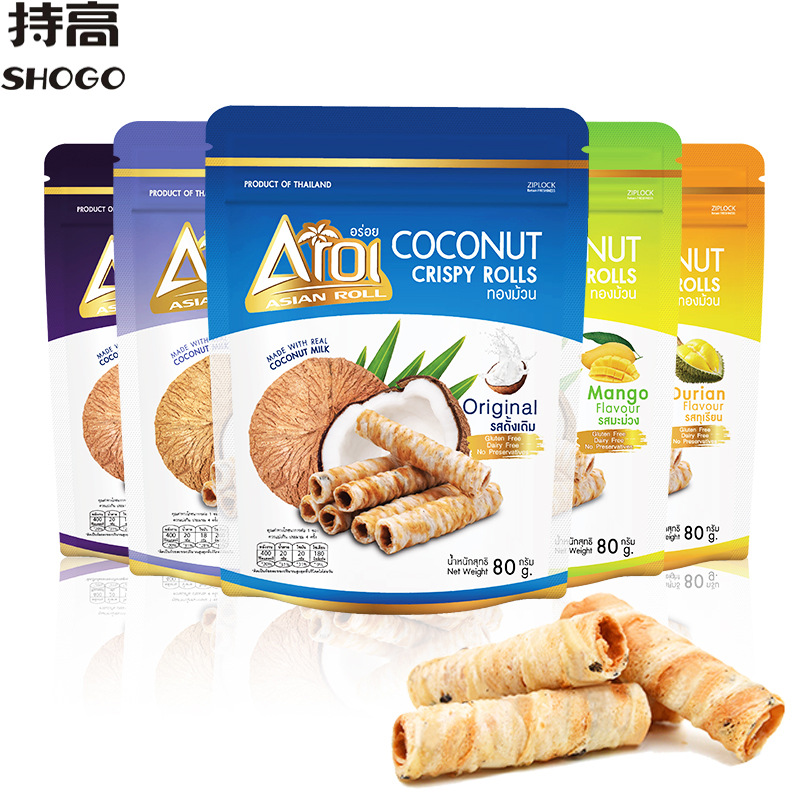 泰国进口Aroi阿罗伊椰子蛋卷80g榴莲芒果香芋香脆蛋卷饼干零食